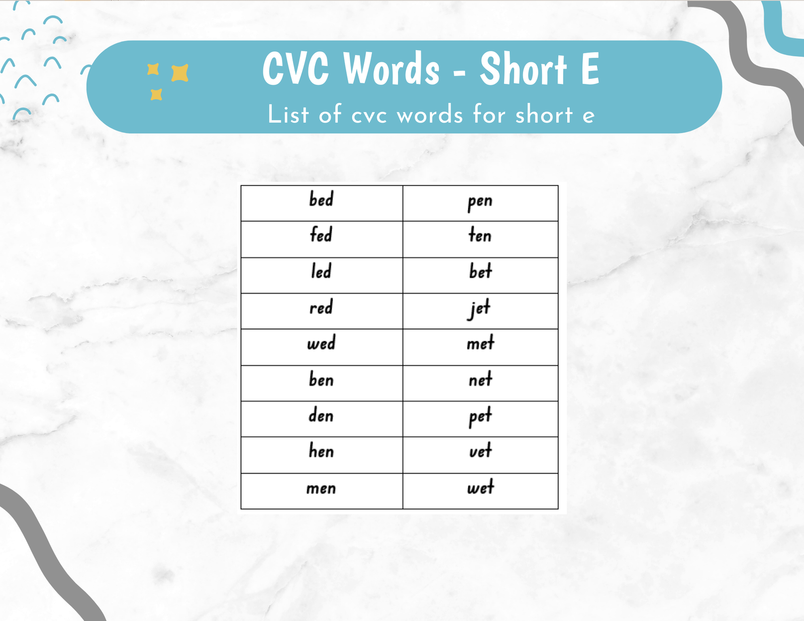 Short Vowel E CVC Words Picture Cards – Peekaboo Learning Space